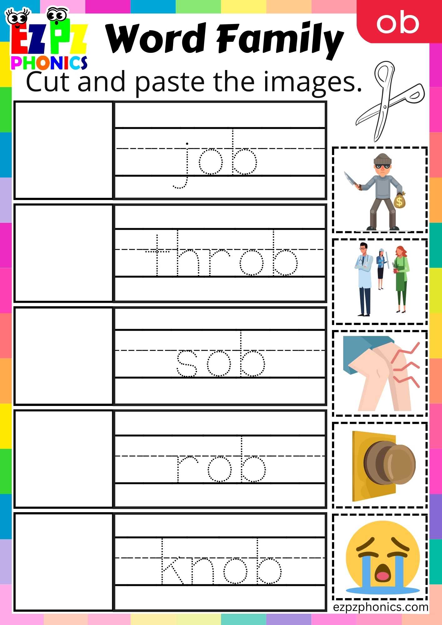 OB Words Cut And Paste The Images Phonics Word Families Worksheet - ezpzphonics.com